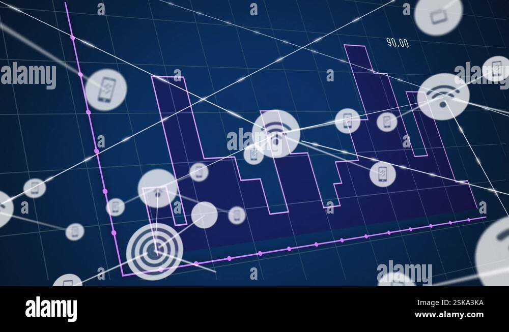 Animation of network of digital icons and statistical data processing against Stock Video ...