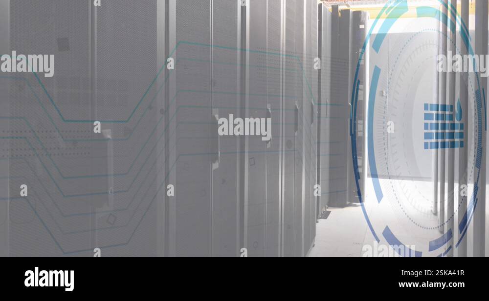 Animation of firewall icon over round scanner against computer server ...