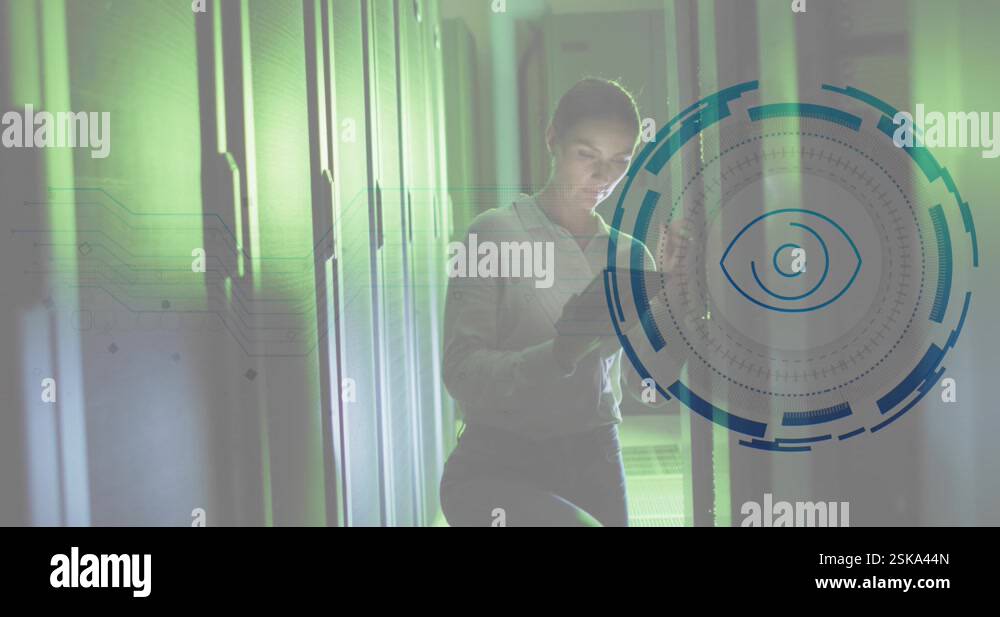 Animation of retina round scanner over caucasian female engineer using ...