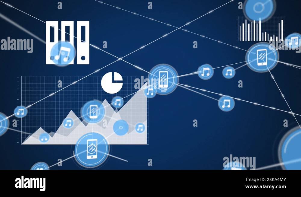 Animation of network of digital icons and statistical data processing against Stock Video ...