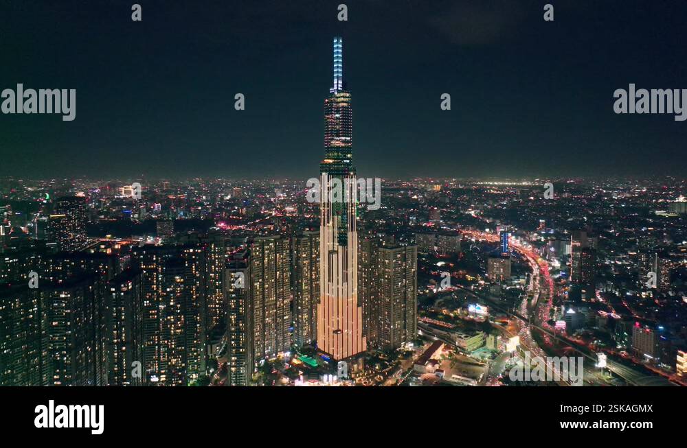Drone view Landmark 81 tower at night - Ho Chi Minh city, south Vietnam ...