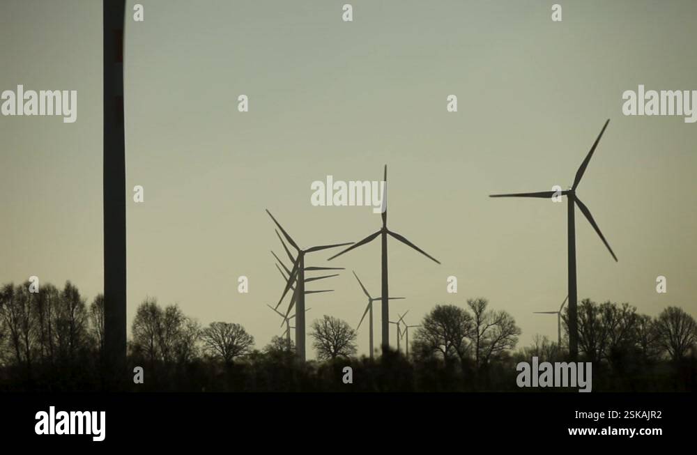 Distant view of a wind farm with multiple three-bladed white wind ...