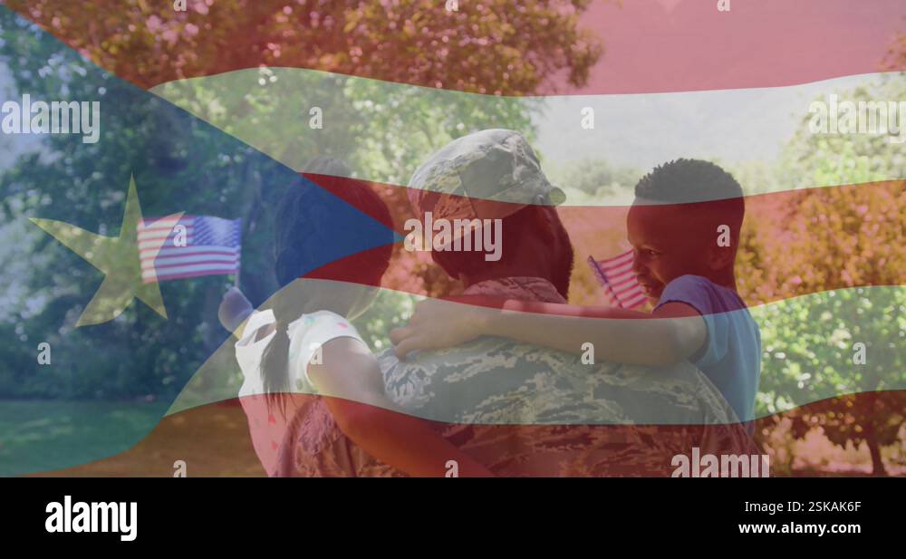 Animation of flag of puerto rico over african american male soldier ...