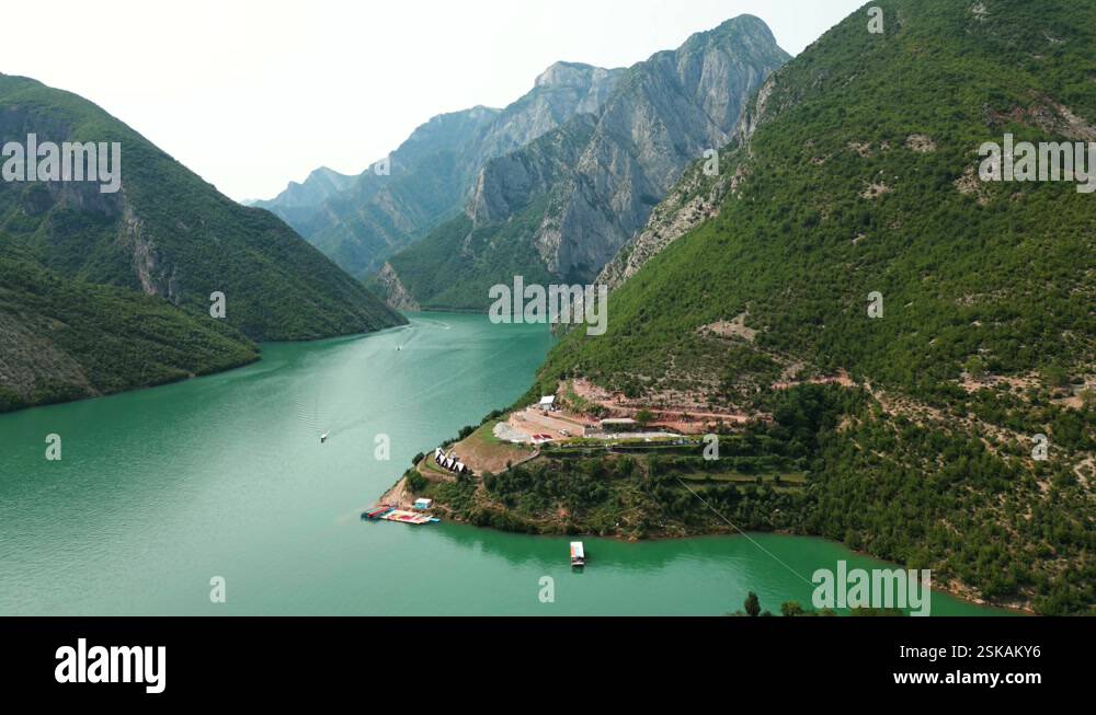 Albania, Lake Koman amidst the Accursed Mountains, aerial view of the ...