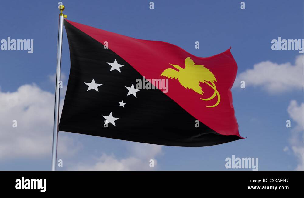 Flag Of Papua New Guinea Moving In The Wind With A Clear Blue Sky In ...
