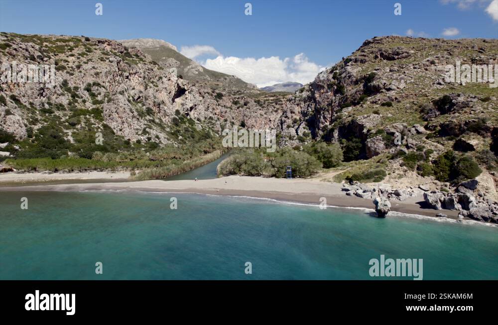 4K drone. Preveli Beach is located on the south coast of Crete, Greece ...