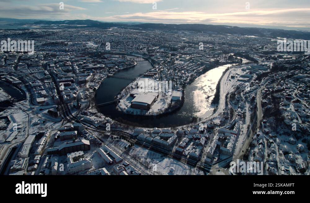 Aerial View Of Snow Covered Trondheim City In Norway. Dolly Forward ...
