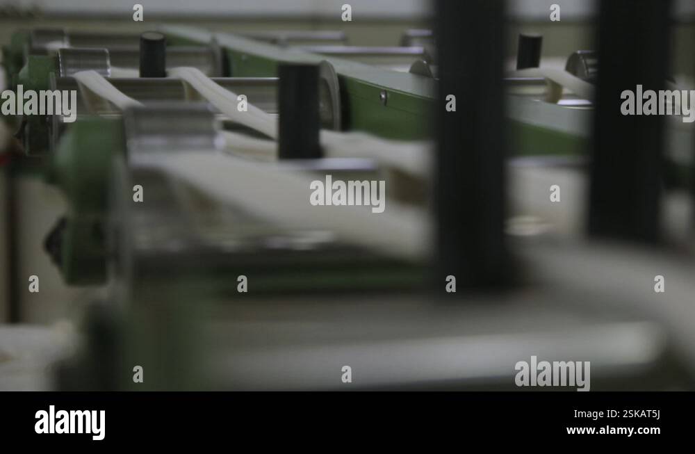 Cotton thread production. raw cotton fibers are rolled through rollers ...