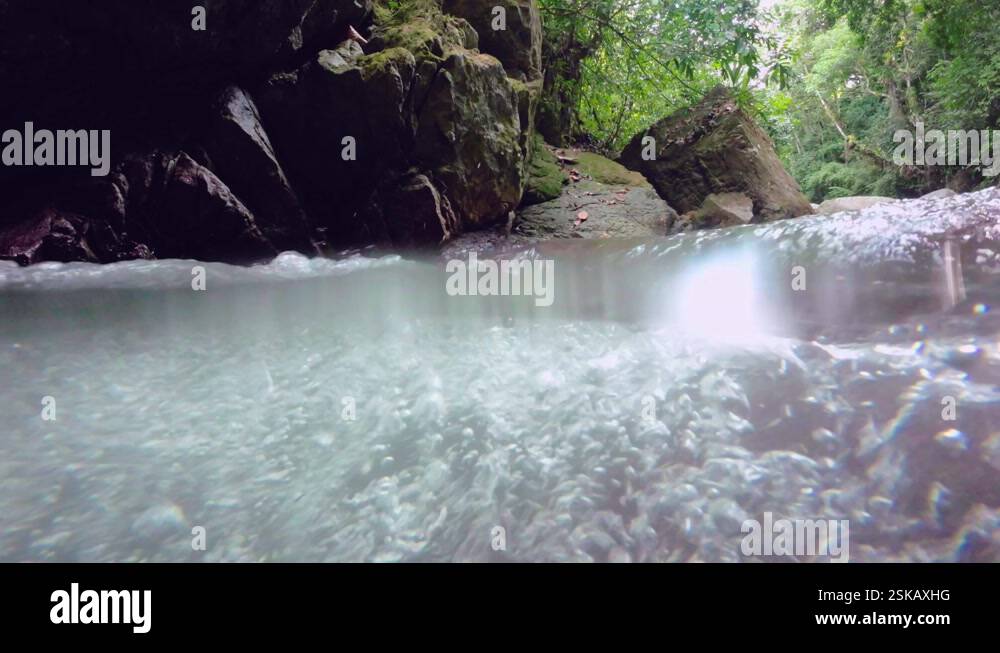 Wild natural fresh water river, camera above and underwater, action ...