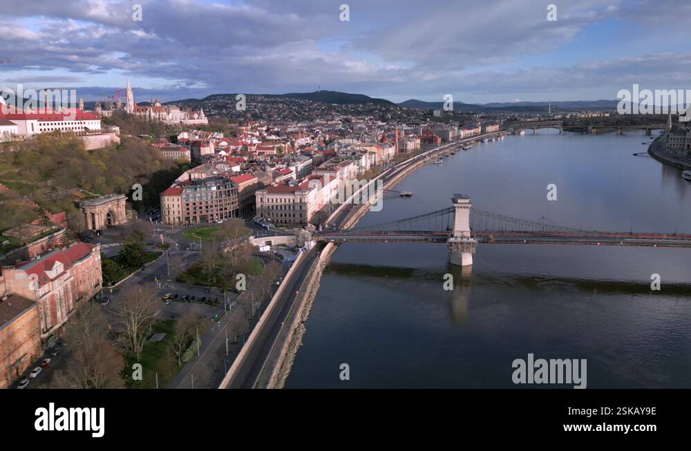 Panning across the historic Danube River in Budapest, Hungary at ...