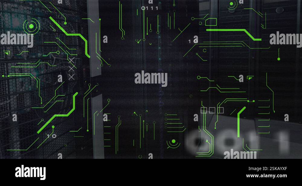 Animation Of Binary Codes And Circuit Board Pattern Over Server Room In