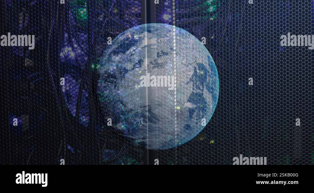Animation of rotating globe over illuminated back panel of server rack ...