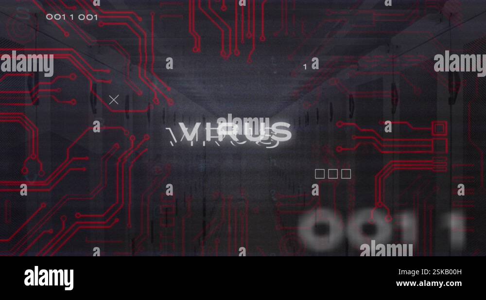 Animation of virus text, binary codes and circuit board pattern over server room Stock Video ...