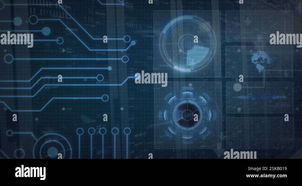 Animation of radar, arc reactor, globe and computer language over ...