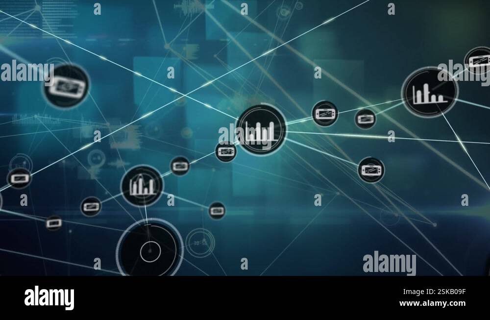 Animation of graphs and phone icons connecting with lines over boxes and Stock Video Footage - Alamy