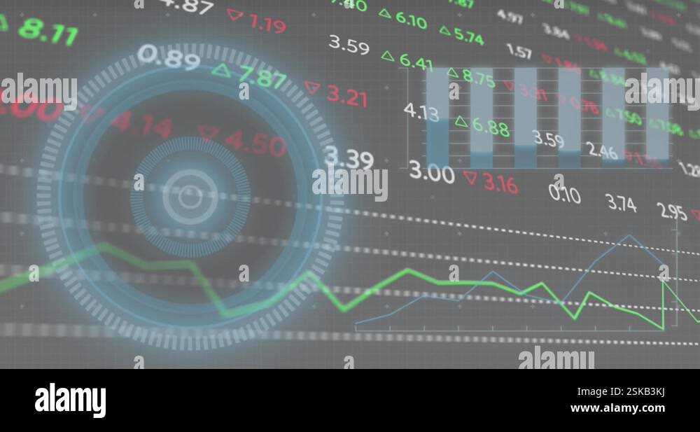 Animation of interface with round scanner, statistical and stock market ...