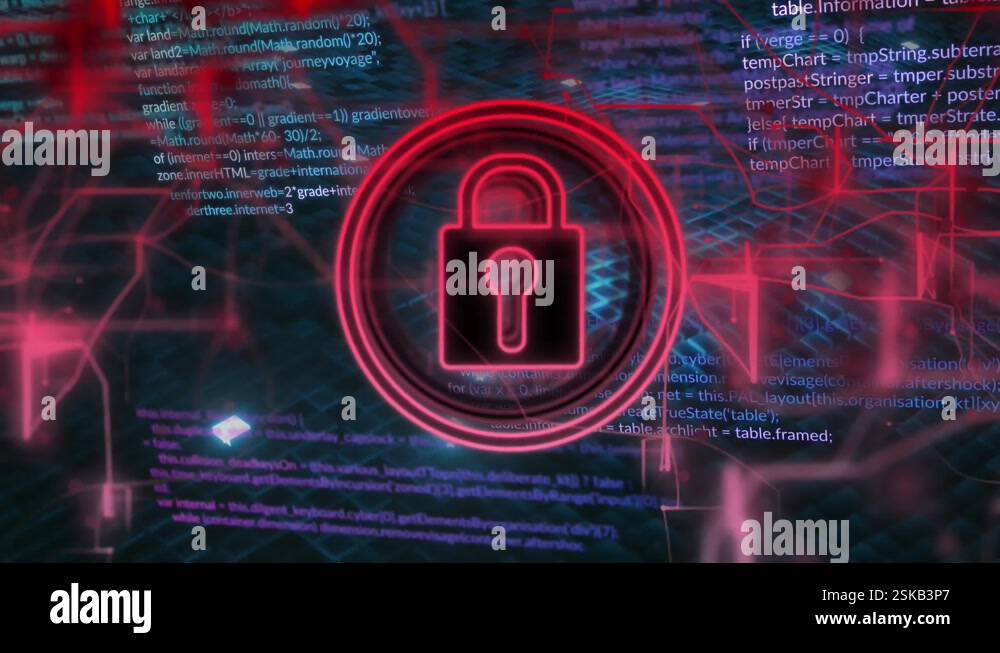 Animation of security padlock icon, red light trails and data ...