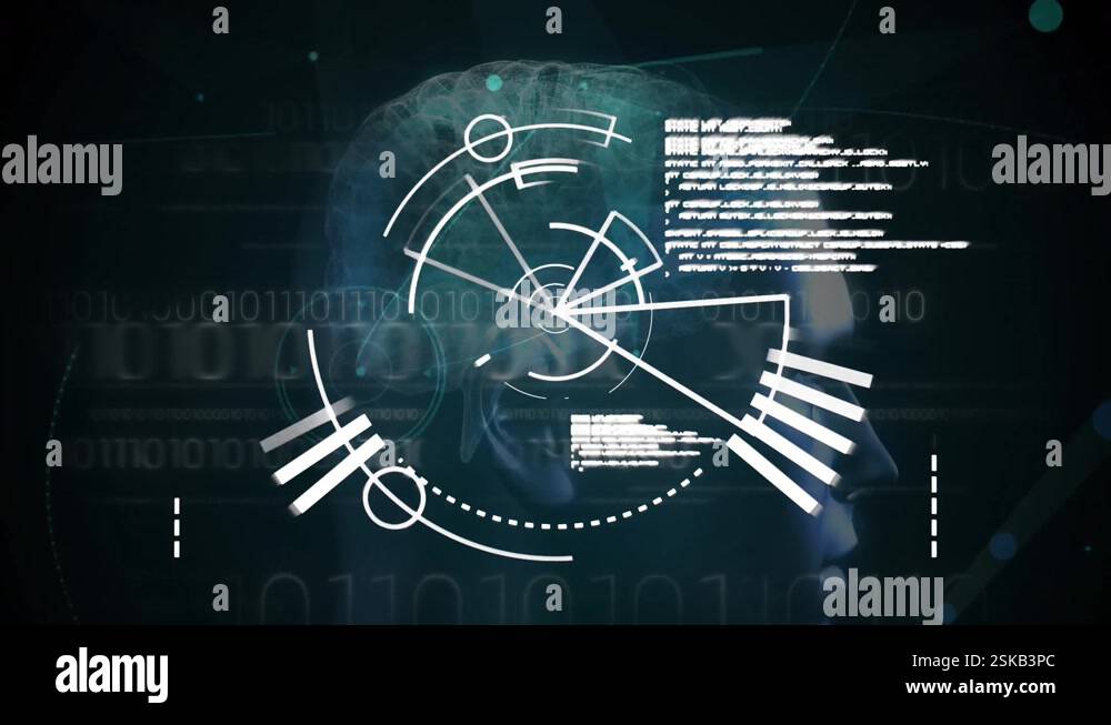 Animation of round scanner, data processing and blue light trails against human Stock Video ...