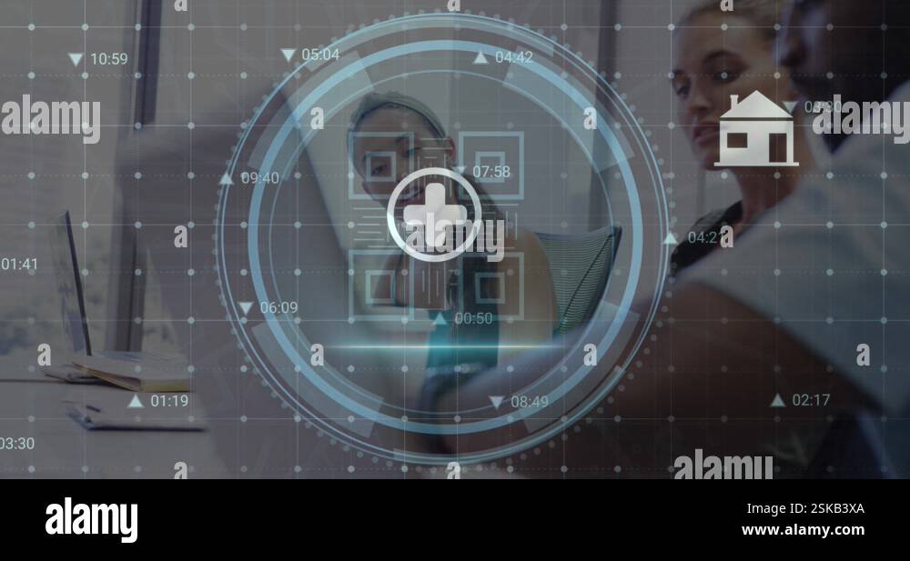 Animation of cyber security text, barcode, sustainable icon, diverse ...