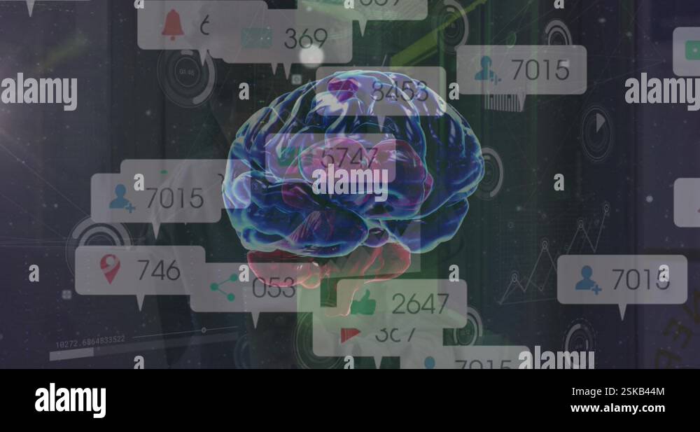 Animation of social media icons over spinning human brain icon against ...