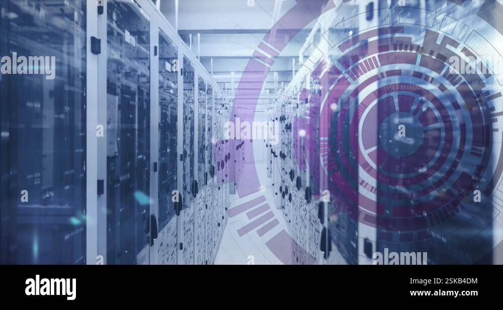 Animation of arc reactor spinning over digital data racks in server ...