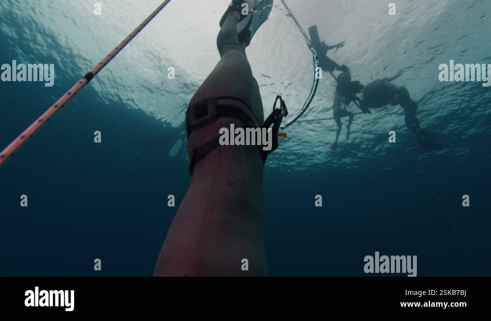 Woman freediver swims underwater along the rope and dives through the ...