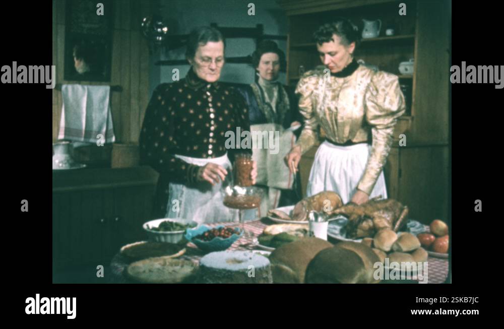 1960s: Victorian women prepare turkey dinner and talk at kitchen table ...