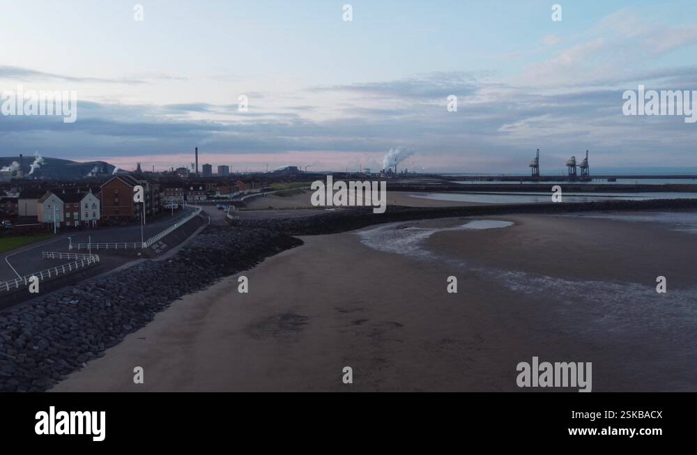 Rising Aerial View of Port Talbot with Seafront and Steelworks Stock ...