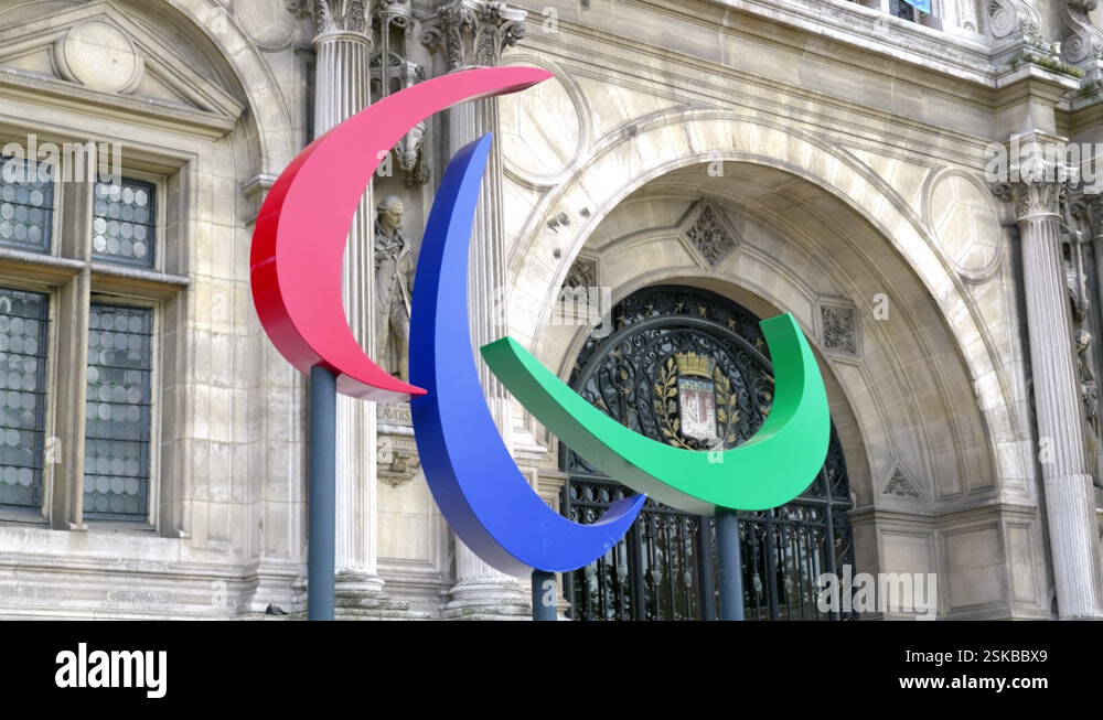 Paris 2024 Paralympic symbols at the entrance of the Hotel de Ville in ...