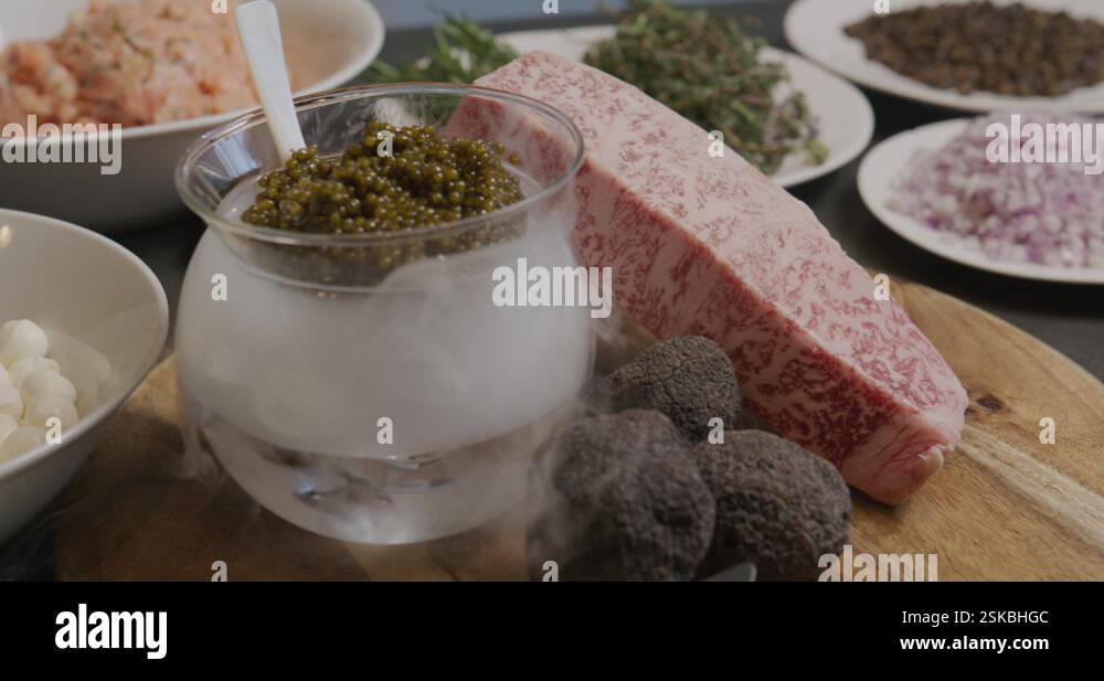 A slow panning shot reveals various ingredients such as mozzarella ...