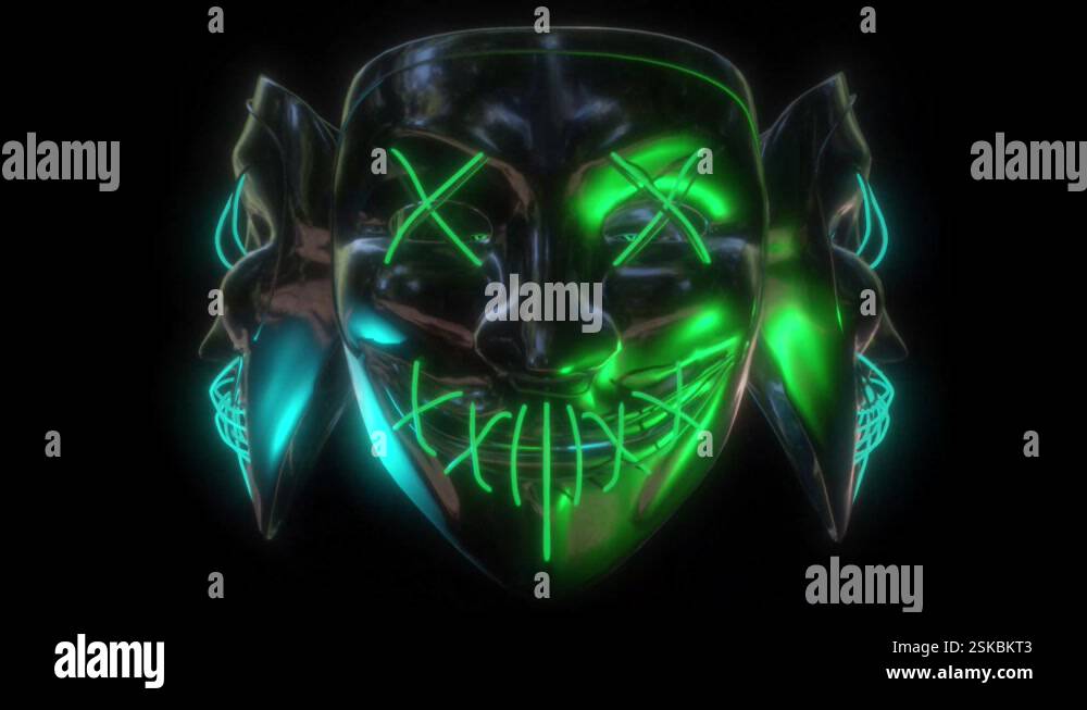 Animation of rotating neon mask, spinning silhouette of human face with ...