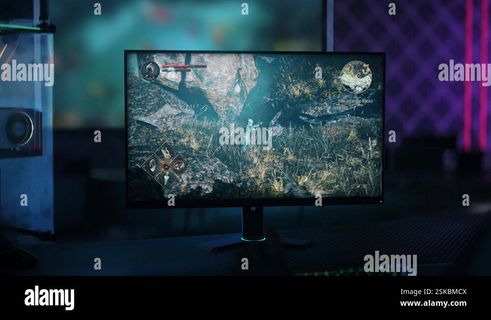 PC Monitor Displays Fake Video Game With Knight Using Magical Abilities ...