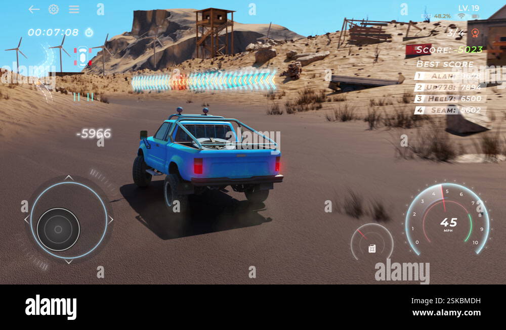 Turning the high-speed vehicle on the sandy racing track in a console ...