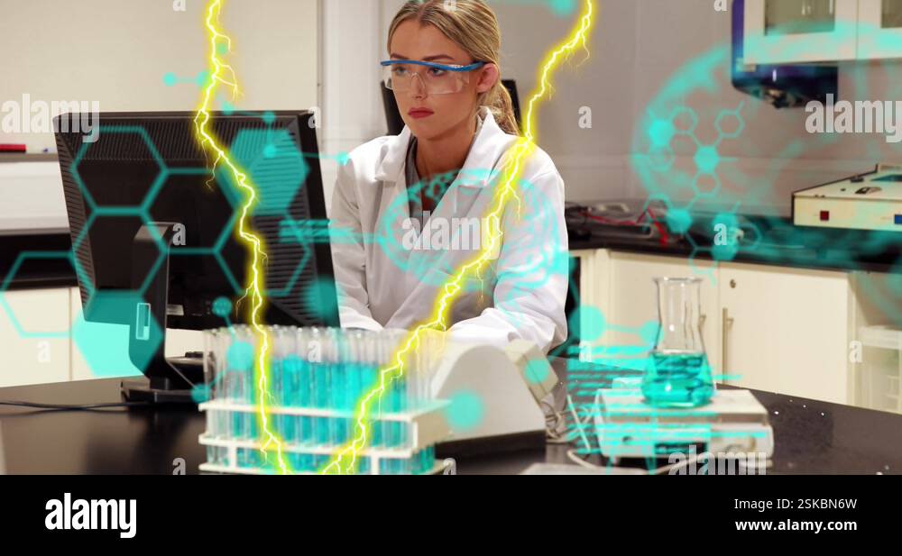 Animation of codes, lightning, brain, molecule structure over caucasian ...