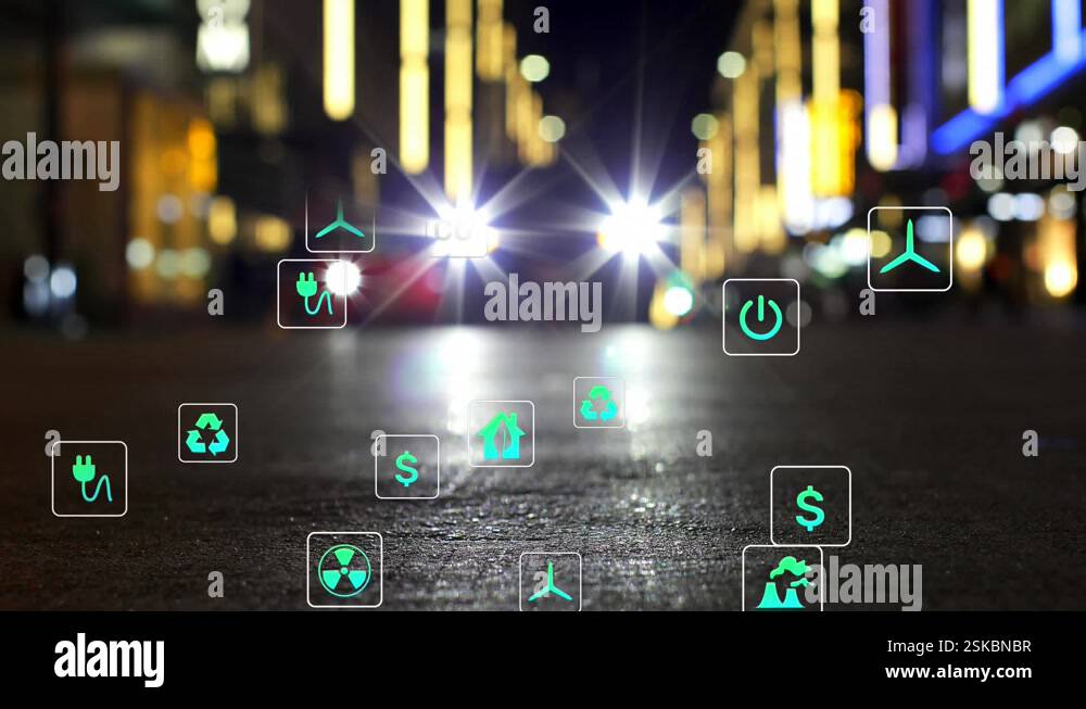 Animation of multiple icons in squares over blurred car moving on ...