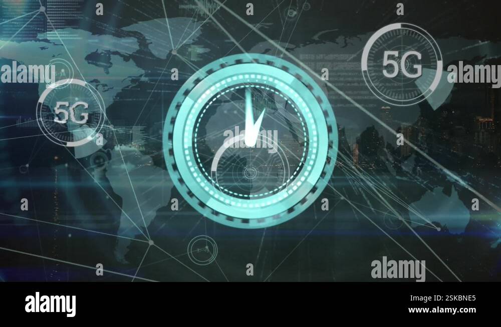 Animation of digital clock, 5g text in radars, graphs, map, connected ...