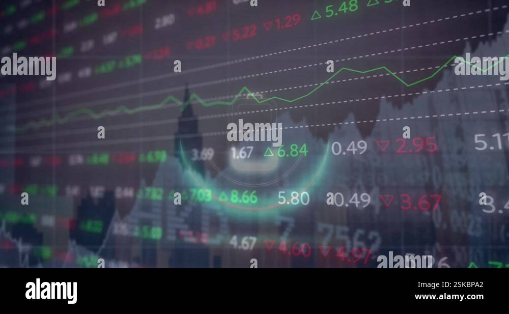 Animation of battery icon in circle over multiple graphs and trading ...