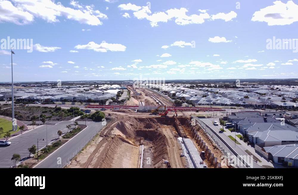 Aerial Pull Back View Of Road Over Rail Construction Works, Yanchep ...