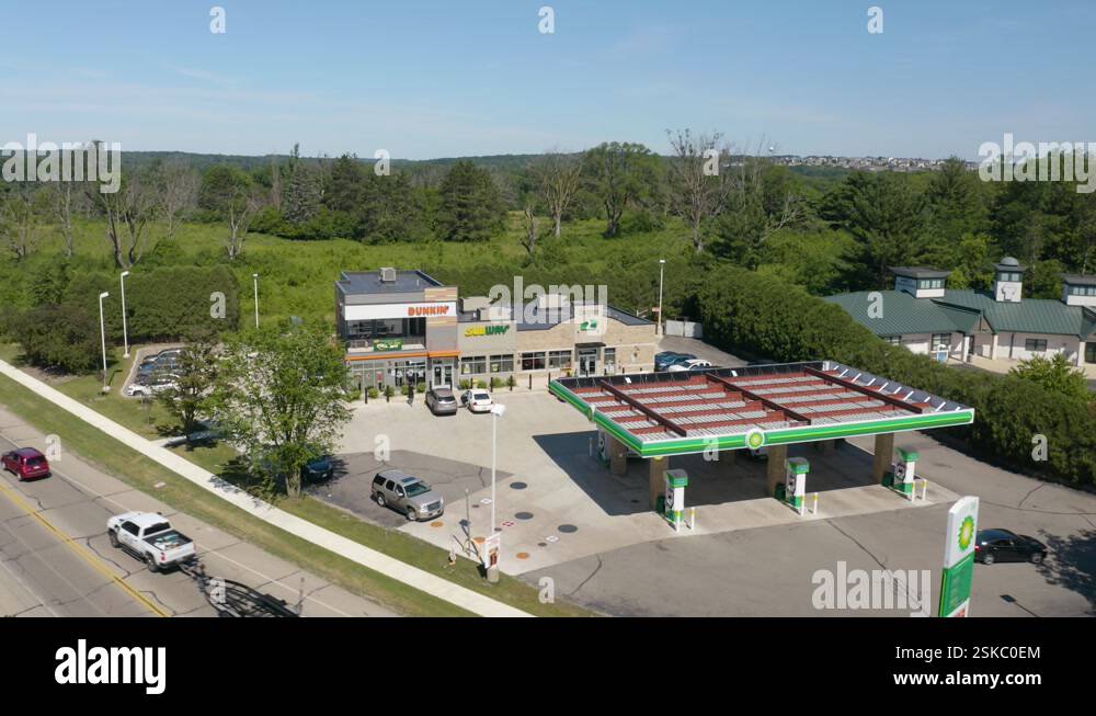 Dunkin Donuts and Subway at BP Gas Station in Rural America. Aerial ...