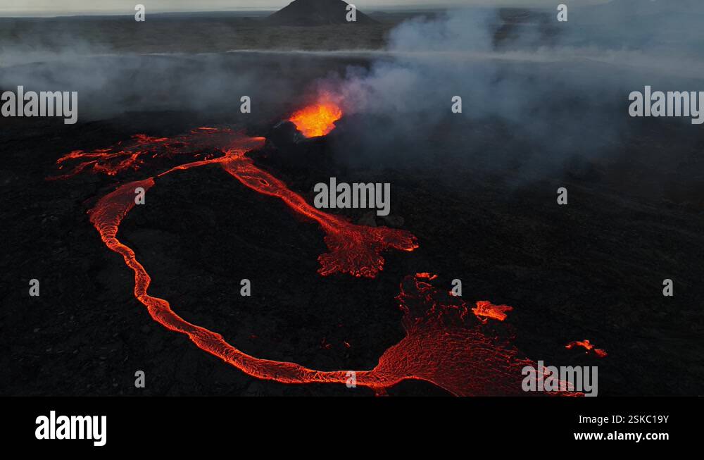 Aerial view of Litli-Hrutur Volcano during an eruption, Iceland Stock ...
