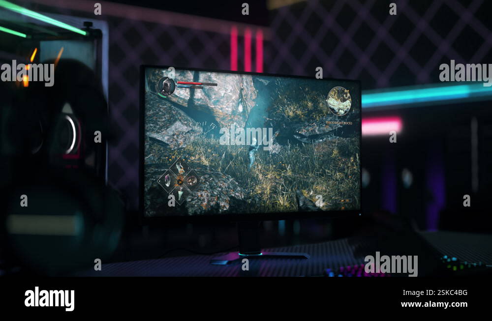 Computer Monitor Shows Knight On Quest To Defeat Golem In Fake Game ...