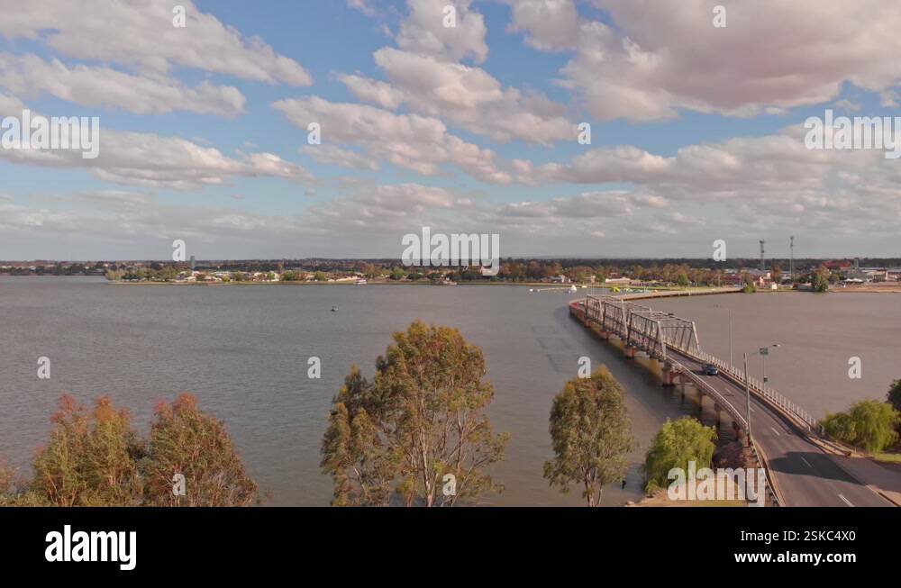 Over trees to the Yarrawonga Mulwala bridge with Yarrawonga in the ...