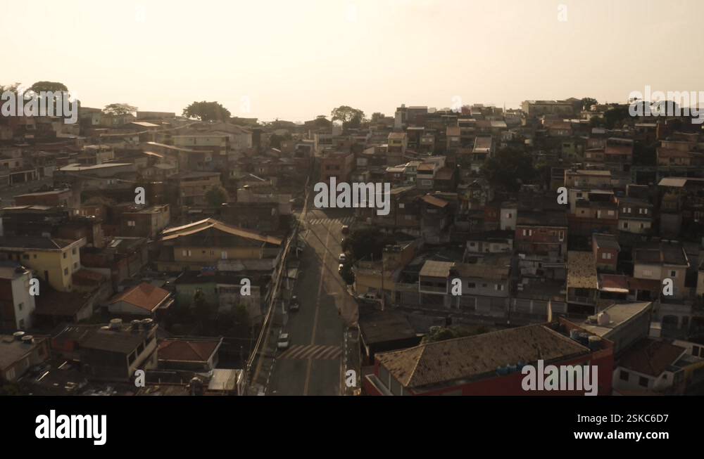 Aerial flyover famous Inferninho Favela with old buildings located on ...