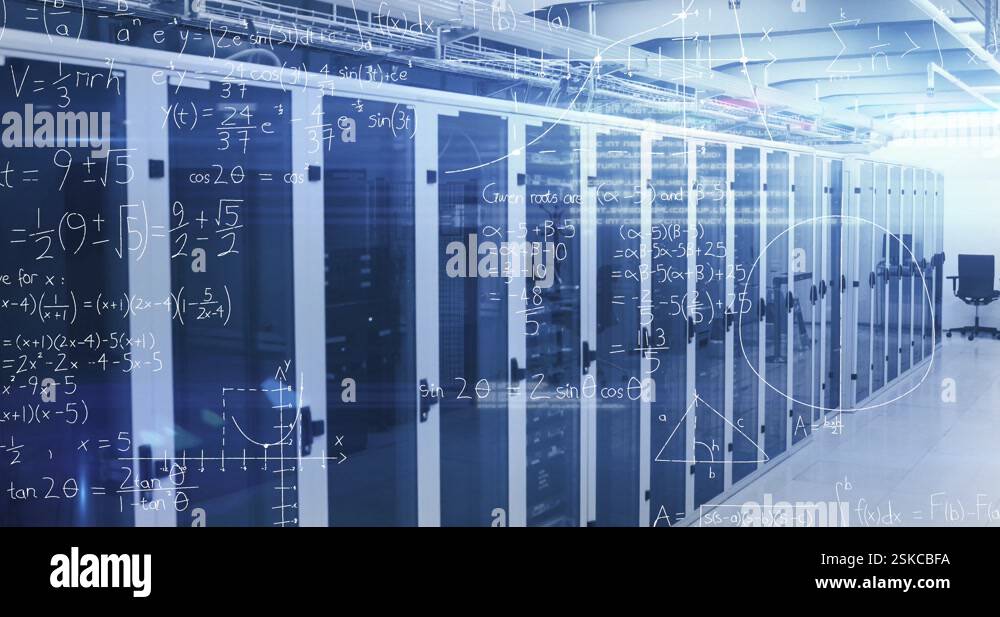 Animation of mathematical equation and diagrams over server racks in server room Stock Video ...