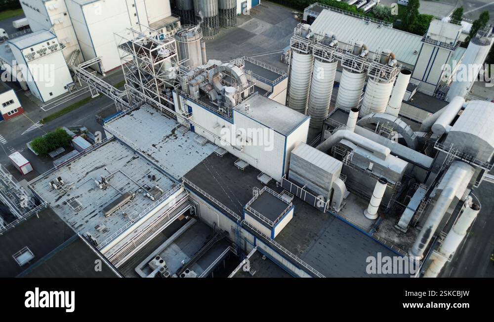 Modern chemical plant. Piping and tanks of industrial factory. Aerial ...