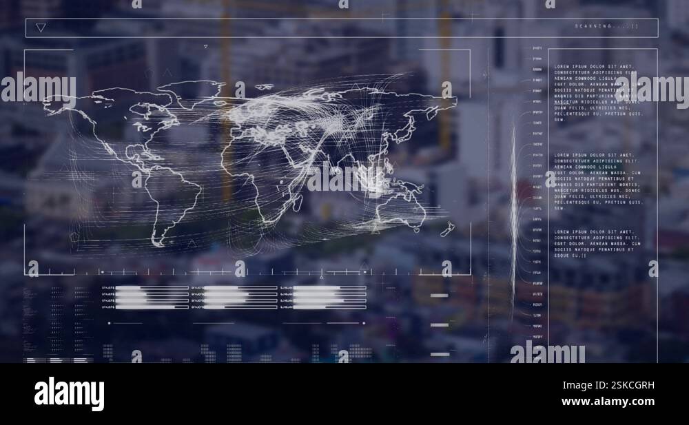 Animation of loading bars, map and wave pattern over modern city in ...