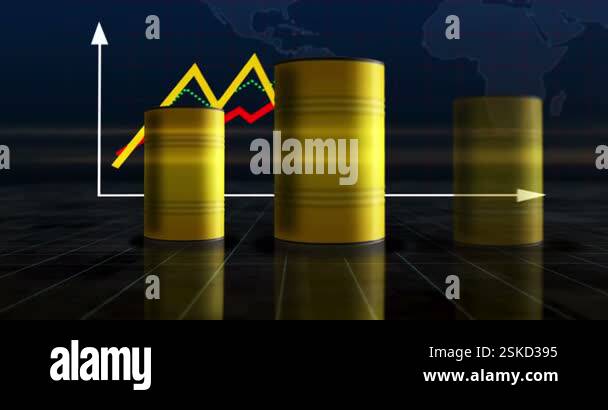 Yellow barrels on growing chart. Chemical nuclear waste industrial ...