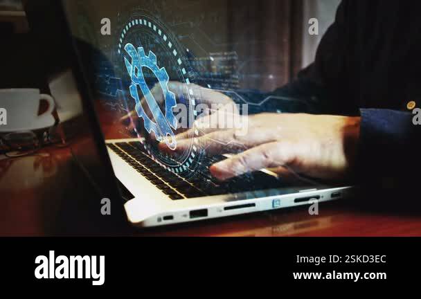 Management setting gear maintenance and fixing symbol and man typing ...