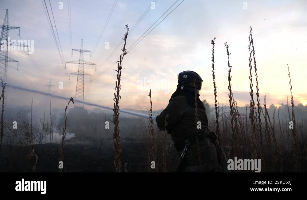 Male firefighter in uniform extinguishes burning grass using a fire ...