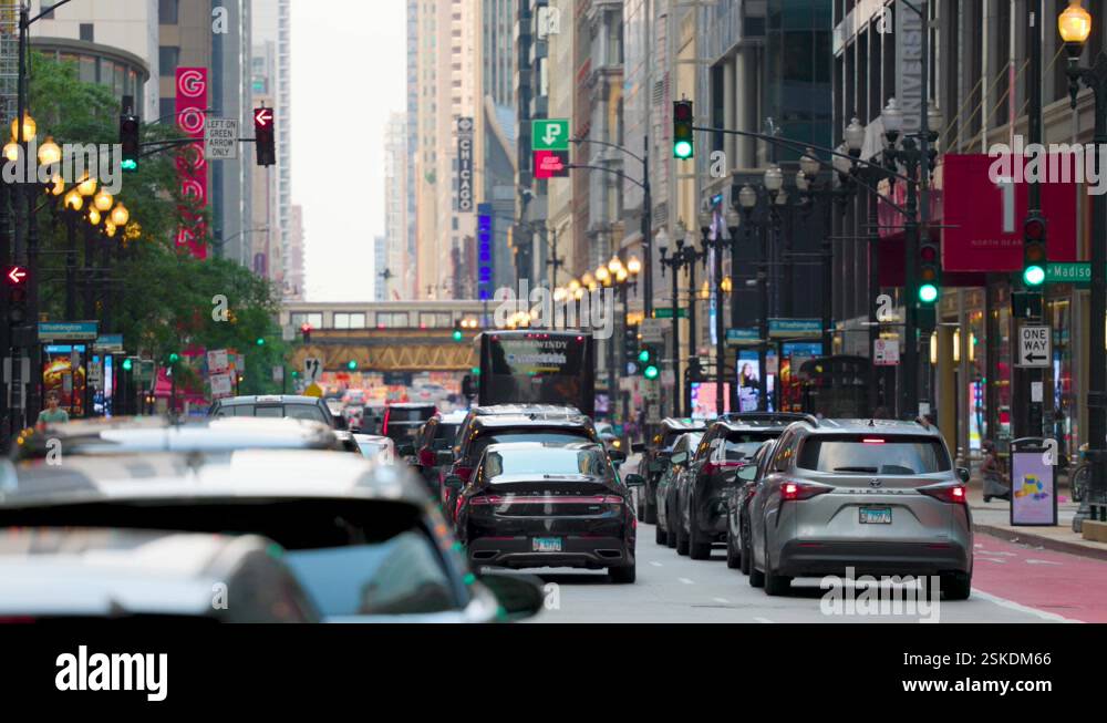 a view of downtown Chicago traffic during rush hour during approaching ...